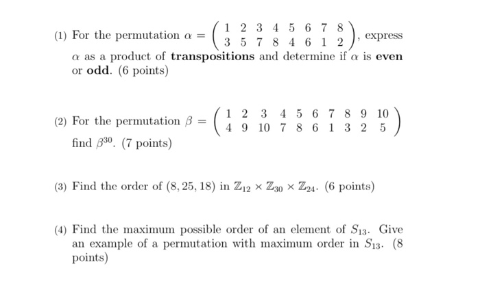 Solved ( 1 2 3 4 5 6 7 8 (1) For the permutation a = 3 5 7 8 | Chegg.com