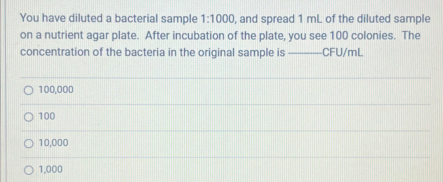 Solved You have diluted a bacterial sample 1:1000, ﻿and | Chegg.com