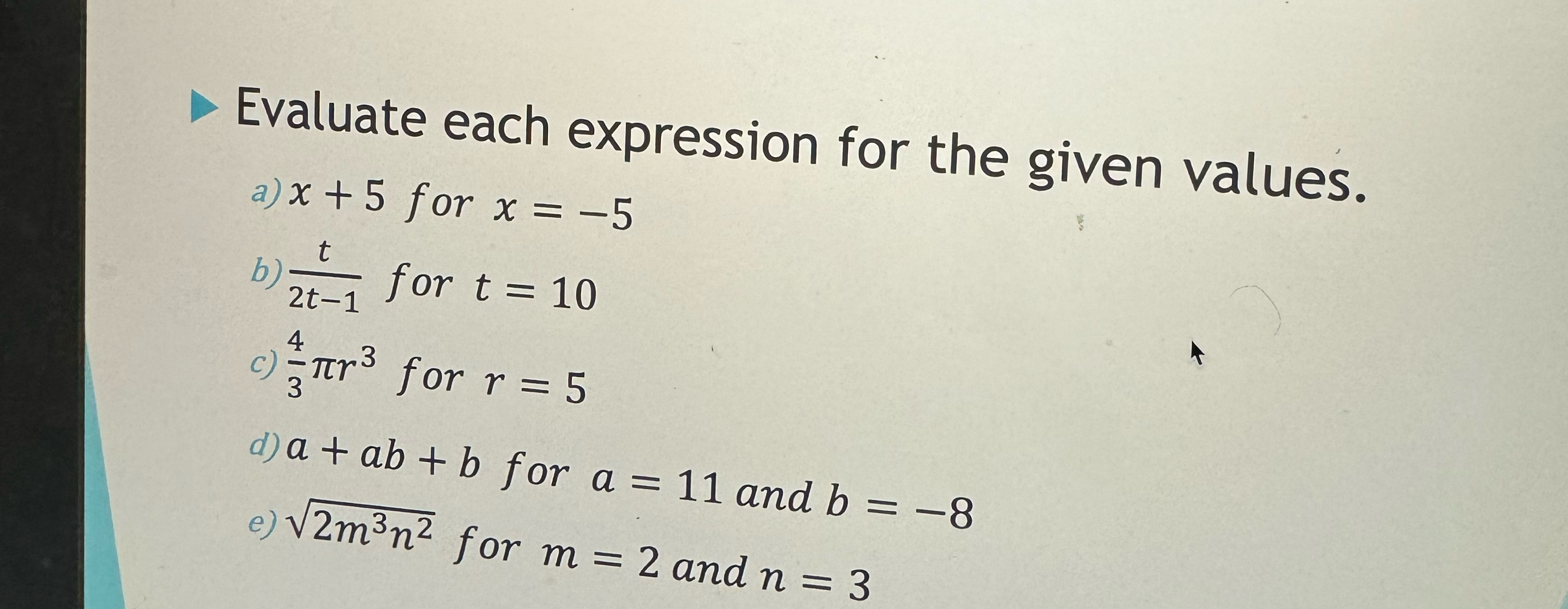 Solved Evaluate each expression for the given values.a) x+5 | Chegg.com