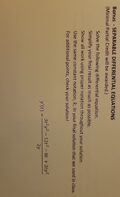 Solved Bonus - ﻿SEPARABLE DIFFERENTIAL EQUATIONS(Minimal | Chegg.com