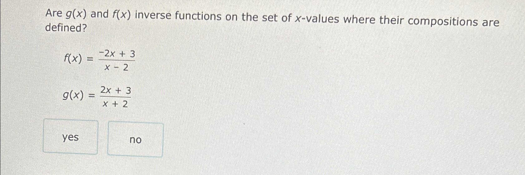 Solved Are g(x) ﻿and f(x) ﻿inverse functions on the set of | Chegg.com