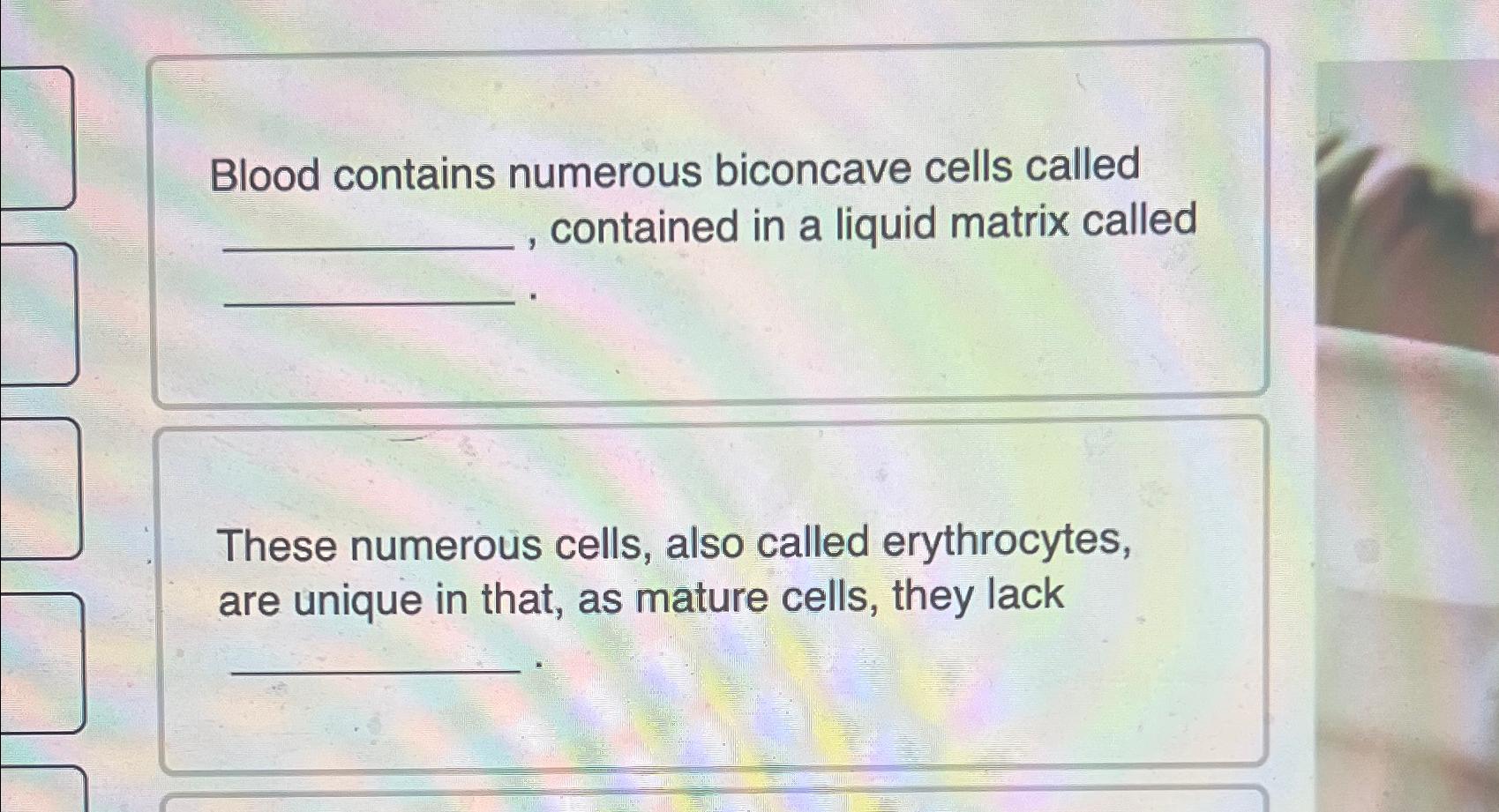 Solved Blood contains numerous biconcave cells called , | Chegg.com