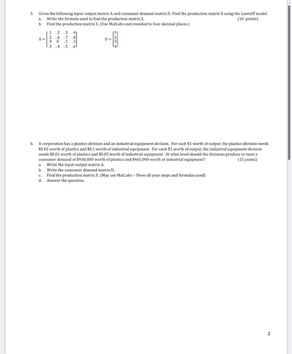 Solved 5. Given the following input-output matrix A and | Chegg.com