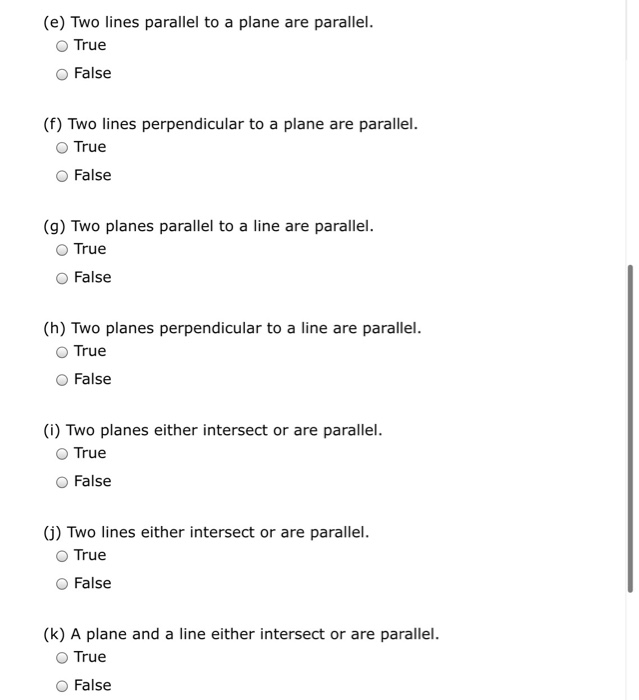 Solved (e) Two lines parallel to a plane are parallel. True | Chegg.com