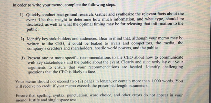 Solved I need a Memo letter type with the following | Chegg.com