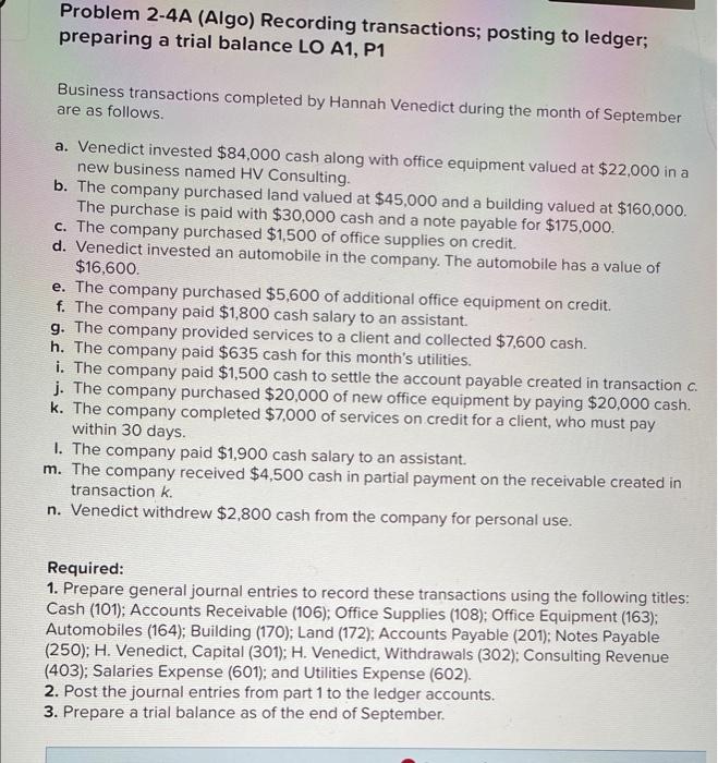Solved Problem 2-4A (Algo) Recording transactions; posting | Chegg.com