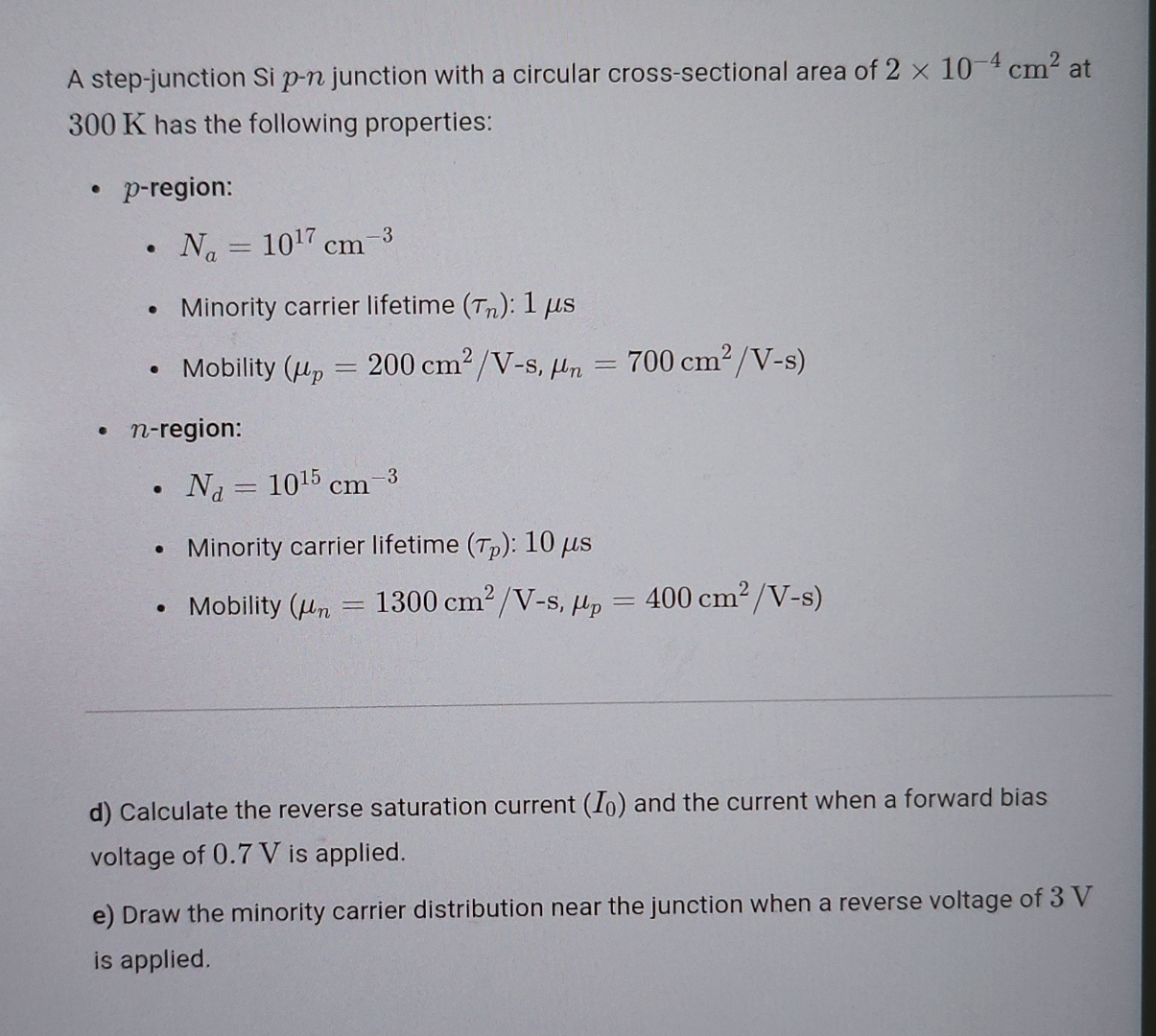 Solved A step-junction Si p - n ﻿junction with a circular | Chegg.com