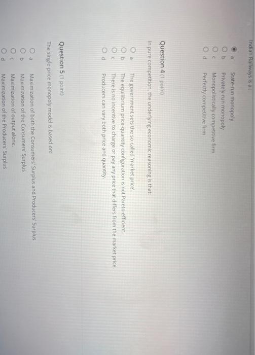 Solved Indian Railways is a a b Оe State-run monopoly | Chegg.com