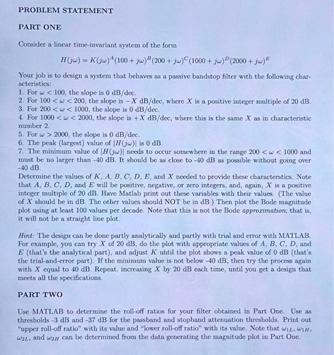 Solved PROBLEM STATEMENT PART ONE Consider a linear | Chegg.com