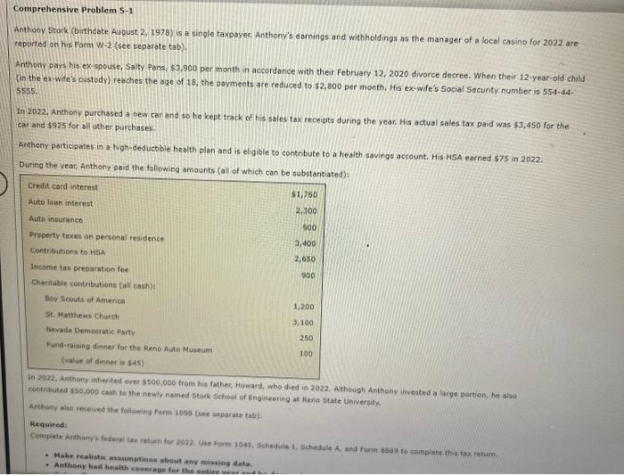 Solved Comprehensive Problem 5−1 Anthony Stock (birthdate | Chegg.com