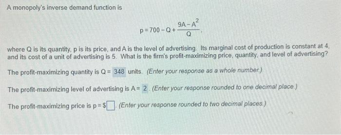 Solved A monopoly's inverse demand function is | Chegg.com