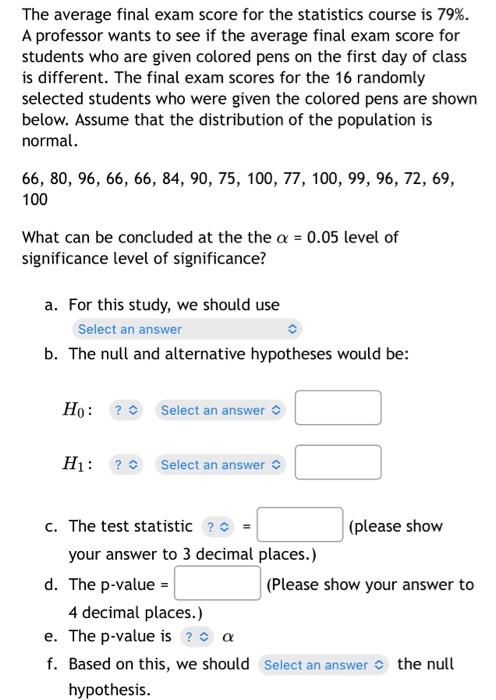 Solved The average final exam score for the statistics | Chegg.com