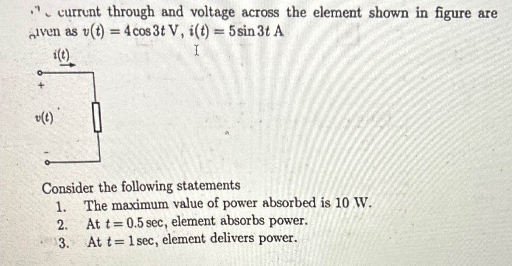 Solved :. ﻿currunt through and voltage across the element | Chegg.com