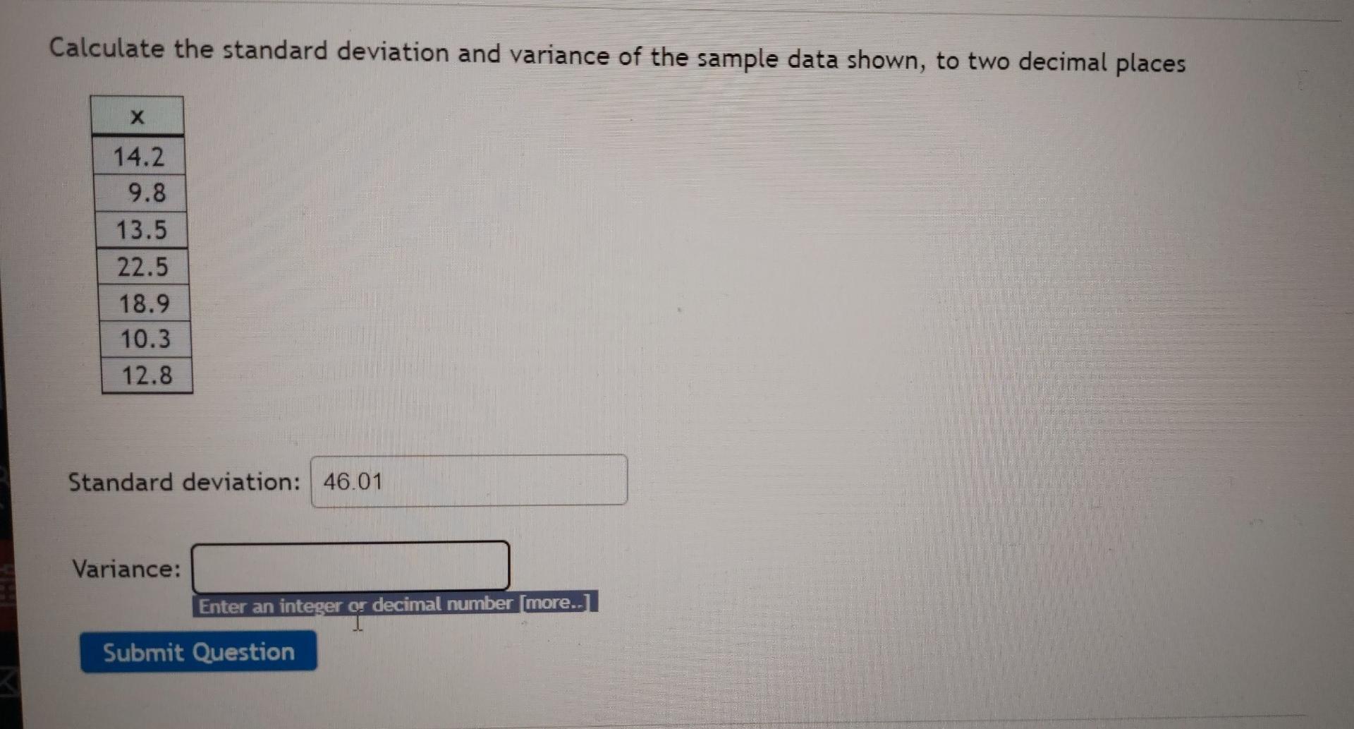 Solved Calculate the standard deviation and variance of the | Chegg.com