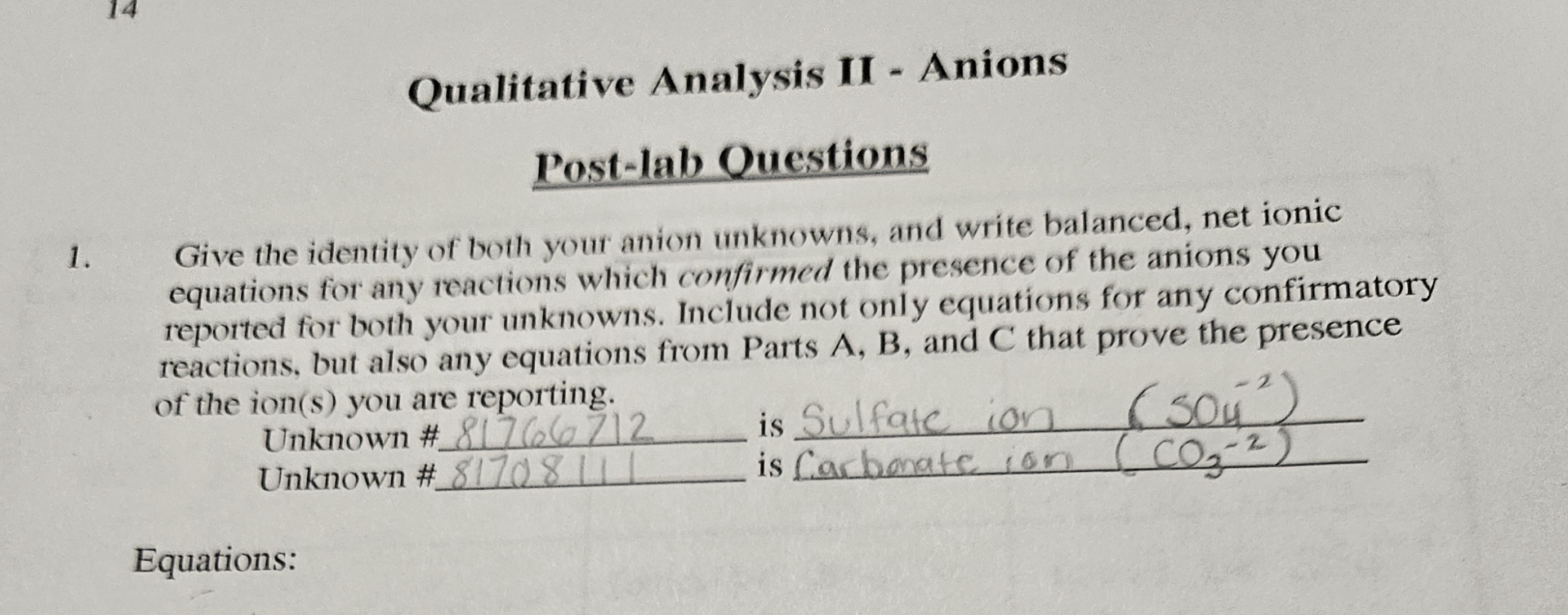 Qualitative Analysis II - ﻿AnionsPost-lab | Chegg.com