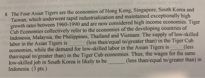 Solved 8. The Four Asian Tigers are the economies of Hong | Chegg.com