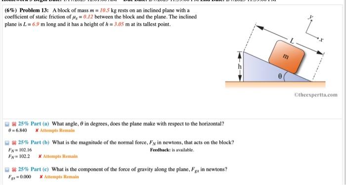 Solved (6\%) Problem 13: A block of mass m=10.5 kg rests on | Chegg.com
