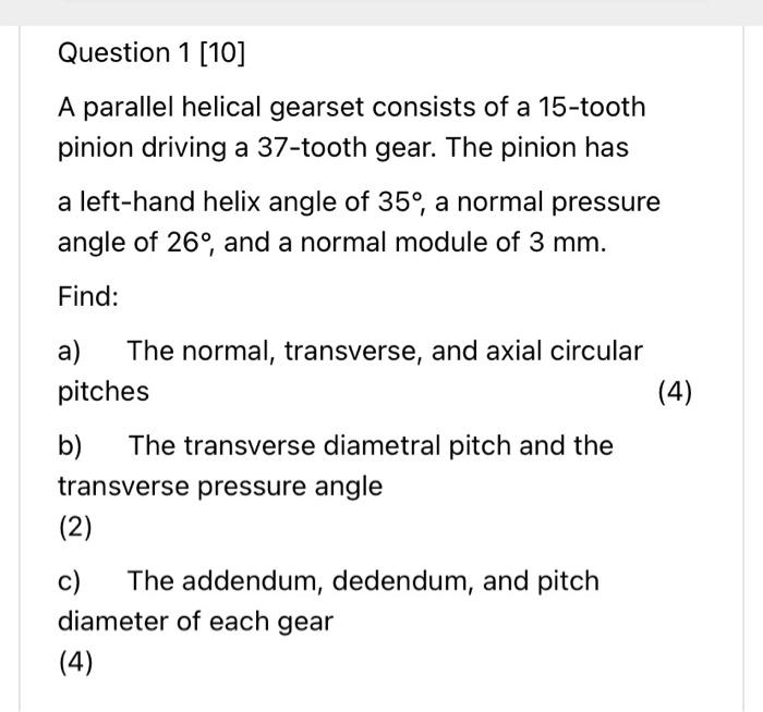 Solved A parallel helical gearset consists of a 15-tooth | Chegg.com