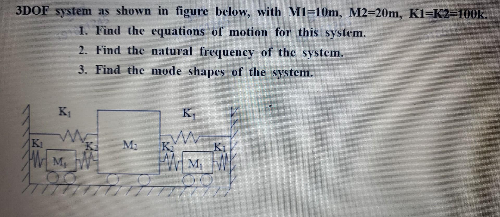 Solved 3DOF system as shown in figure below, with M1=10 | Chegg.com