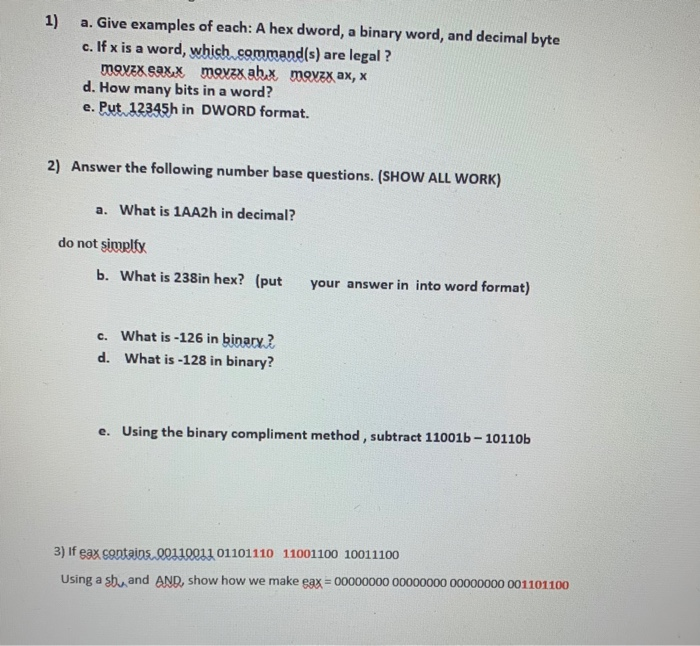 Solved 1) a. Give examples of each: A hex dword, a binary | Chegg.com