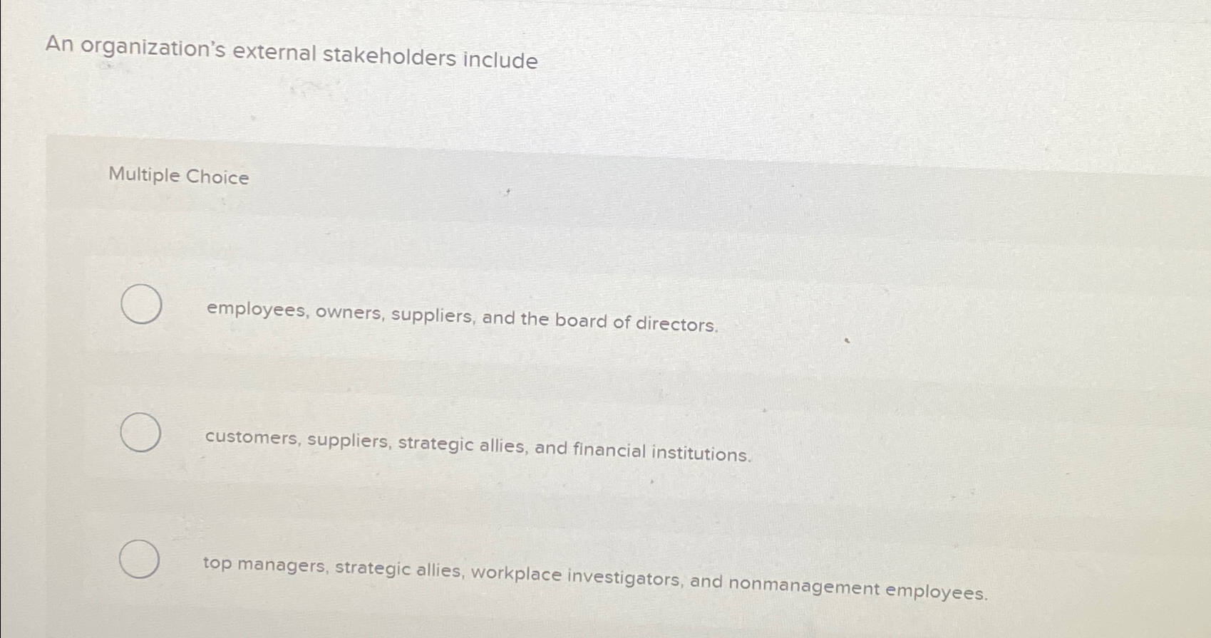 Solved An organization's external stakeholders | Chegg.com
