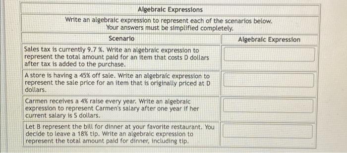 Solved Algebraic Expressions Write an algebraic expression | Chegg.com