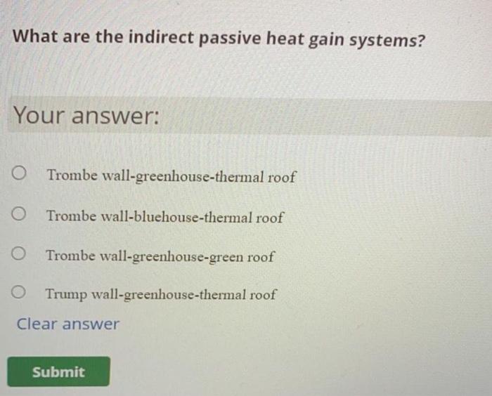 Solved What are the indirect passive heat gain systems? Your | Chegg.com