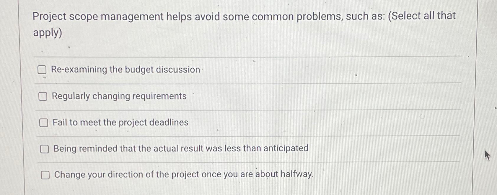 Solved Project scope management helps avoid some common | Chegg.com
