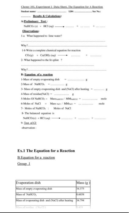 Chemy 101, Experiment 1 Data Sheet, The Equation for | Chegg.com