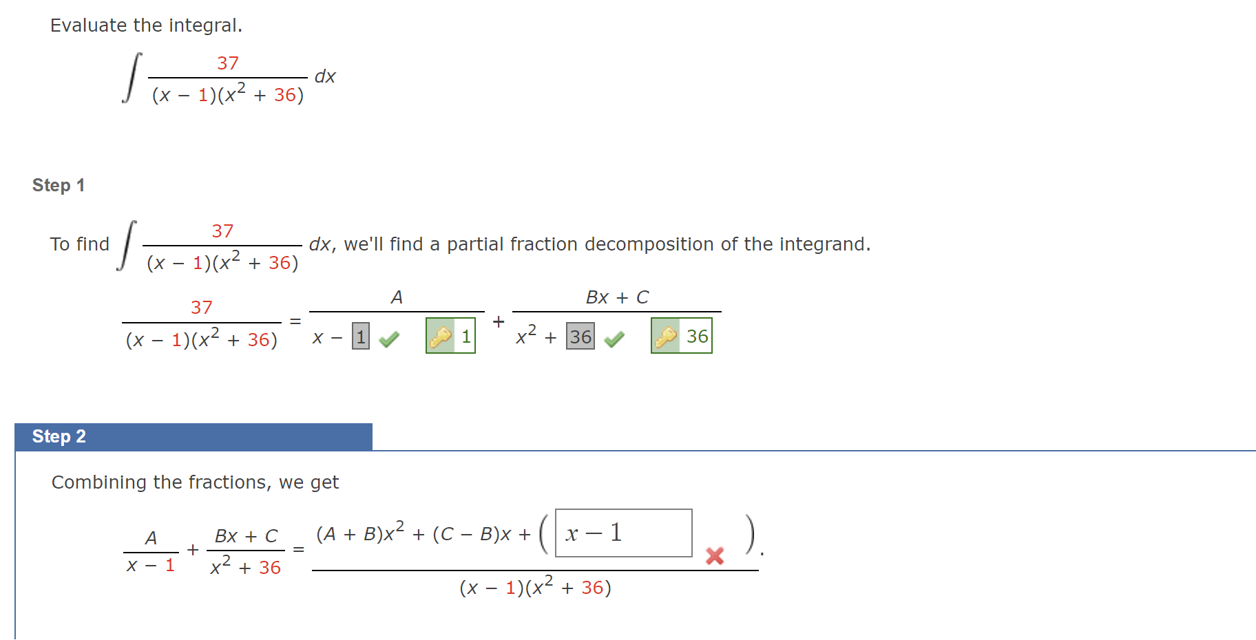 Solved To find ∫﻿﻿37(x-1)(x2+36)dx, ﻿we'll find a partial | Chegg.com