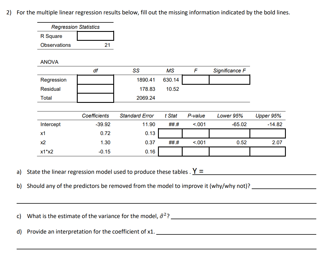 Solved For the multiple linear regression results below, | Chegg.com