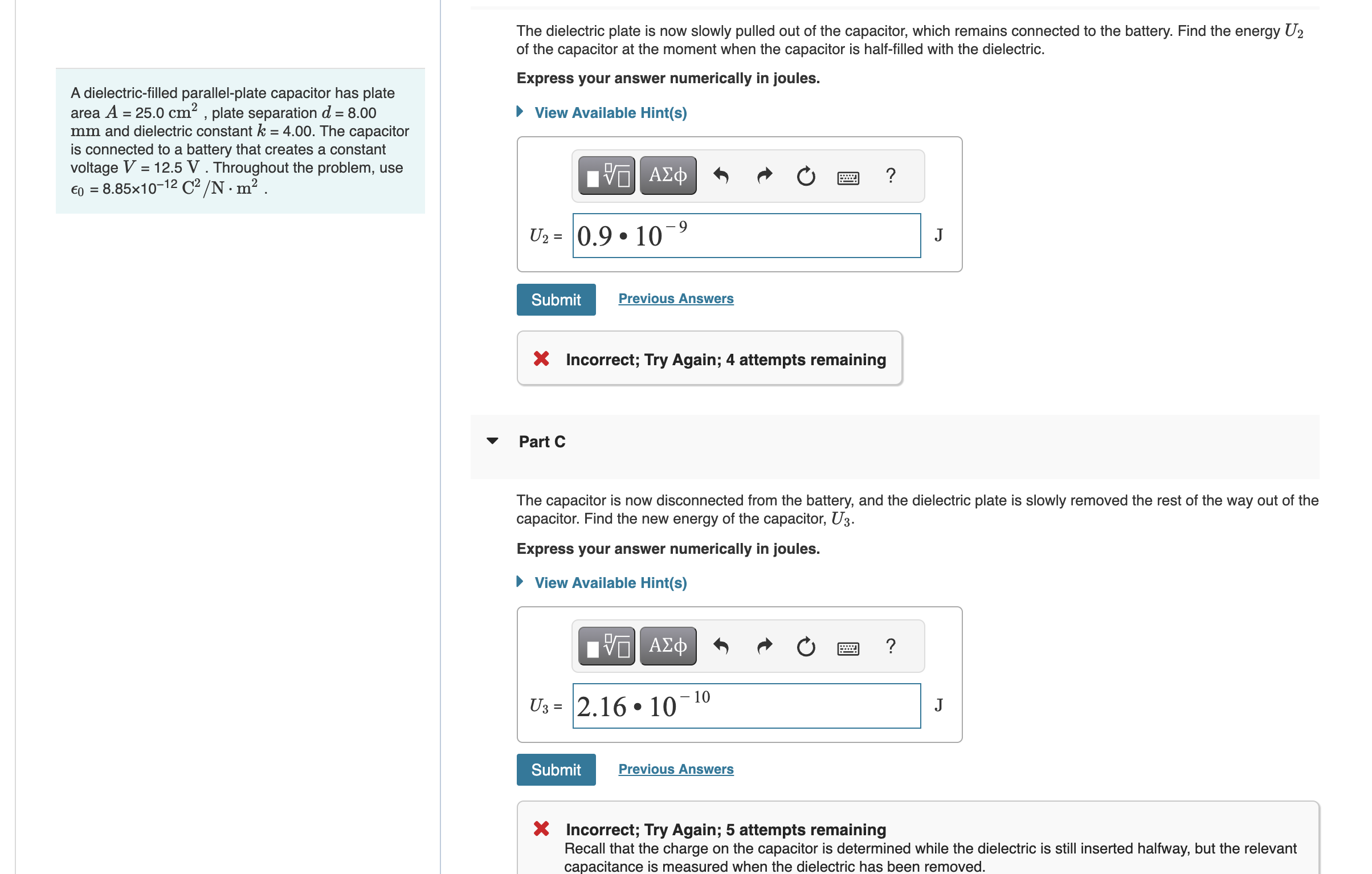Solved A dielectric-filled parallel-plate capacitor has | Chegg.com