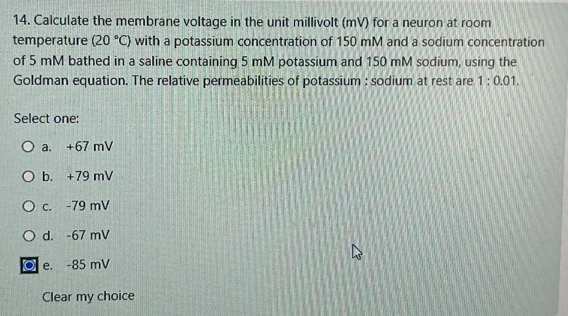 Solved Calculate the membrane voltage in the unit millivolt | Chegg.com