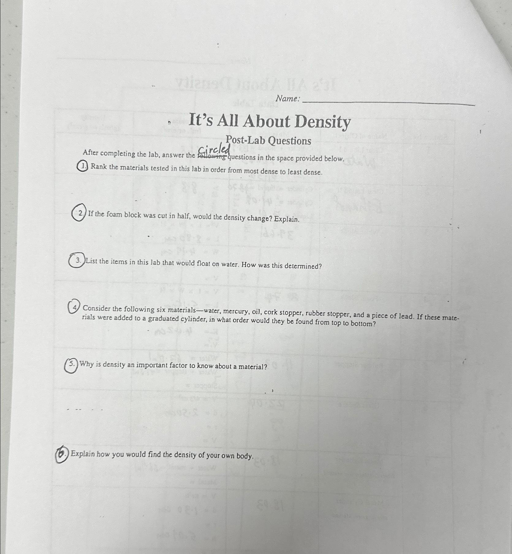 Solved NameIt's All About DensityAfter completing the lab, | Chegg.com