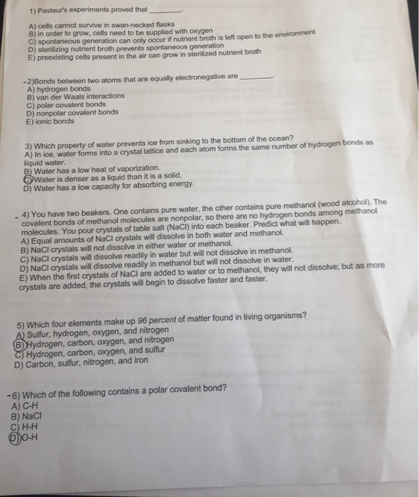 Solved 1) Pasteur's experiments proved that A) cells cannot | Chegg.com