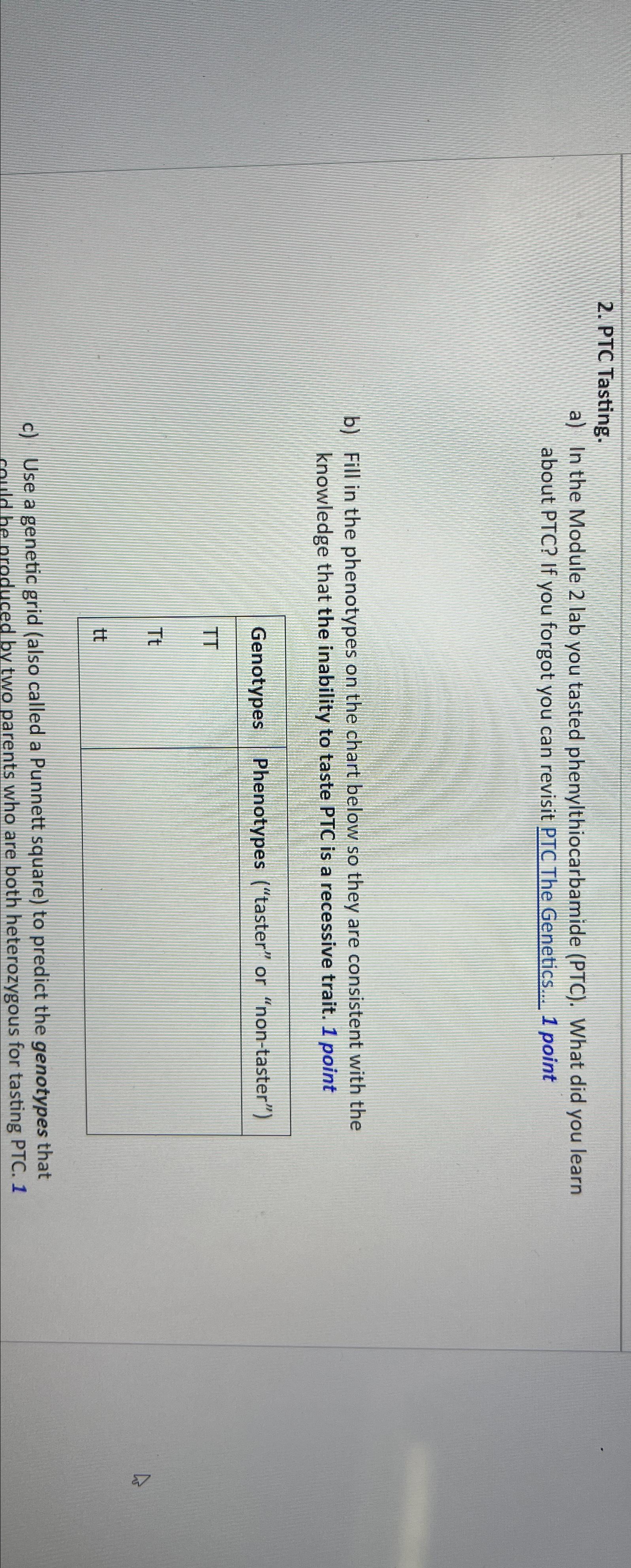 Solved PTC Tasting.a) ﻿In the Module 2 ﻿lab you tasted | Chegg.com