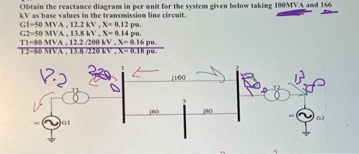 Solved Obtain the reactance diagram in per unit for the | Chegg.com