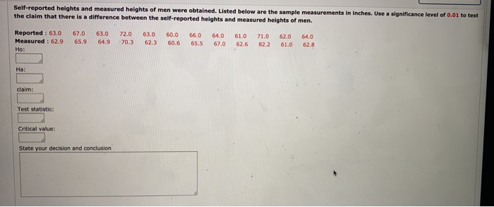 Solved Self-reported heights and measured heights of men | Chegg.com