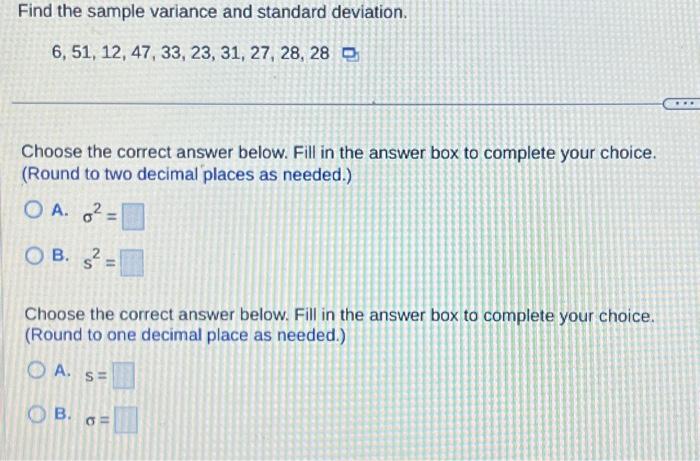 Solved Find the sample variance and standard deviation. | Chegg.com