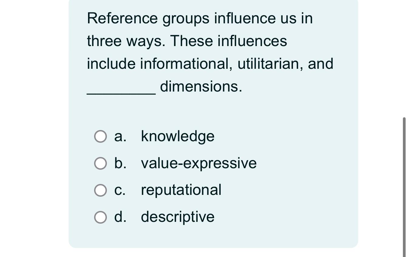 Solved Reference groups influence us in three ways. These | Chegg.com