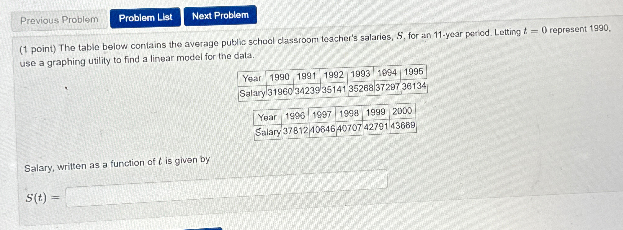 Solved Previous Problem(1 ﻿point) ﻿The table below contains | Chegg.com