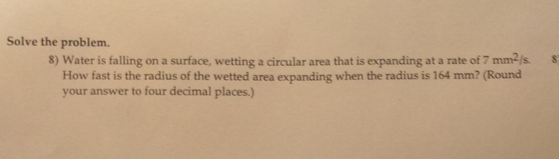 Solved olve the problem. 8) Water is falling on a surface, | Chegg.com