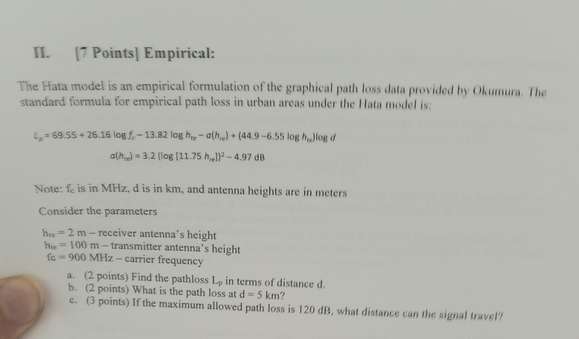 Solved II. [7 Points] Empirical: The Hata model is an | Chegg.com