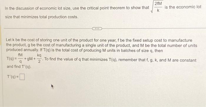 Solved In the discussion of economic lot size, use the | Chegg.com