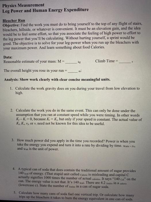 Physics Measurement Leg Power and Human Energy | Chegg.com
