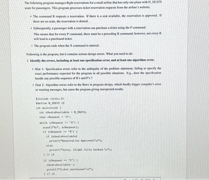 Solved The following program manages flight reservations for | Chegg.com