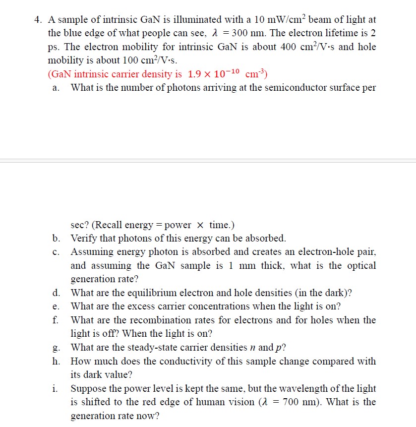 Solved A sample of intrinsic GaN is illuminated with a | Chegg.com