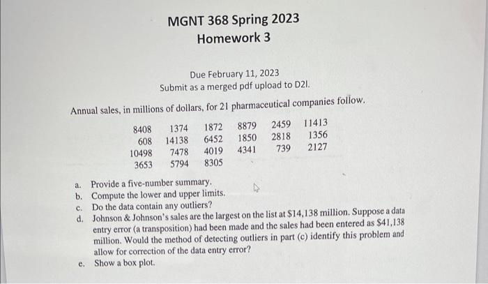 Solved MGNT 368 Spring 2023 Homework 3 Due February 11, 2023 | Chegg.com
