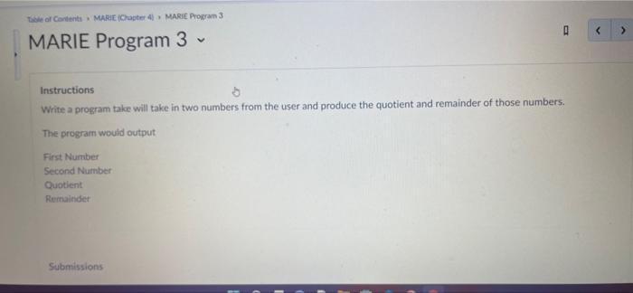 Solved Table of Content MARIE Capter 4) MARIE Program 3 D V | Chegg.com