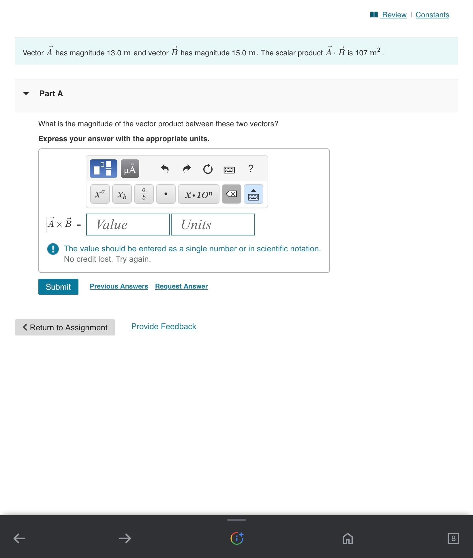 Solved an Review I Constants\\nVector vec(A) has magnitude | Chegg.com
